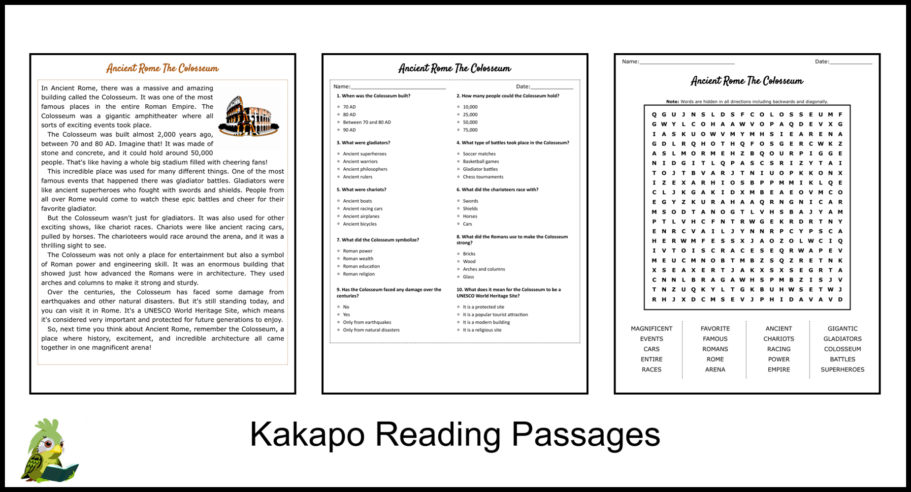 Ancient Rome The Colosseum Reading Comprehension and Word Search ...