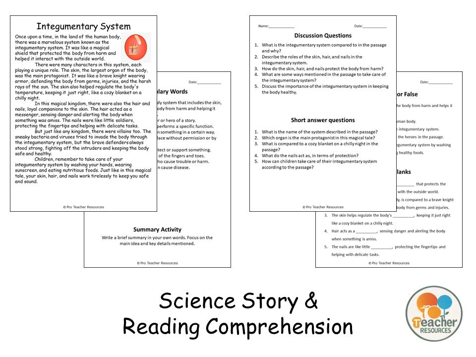 Integumentary System Reading Science Story Comprehension Questions ...