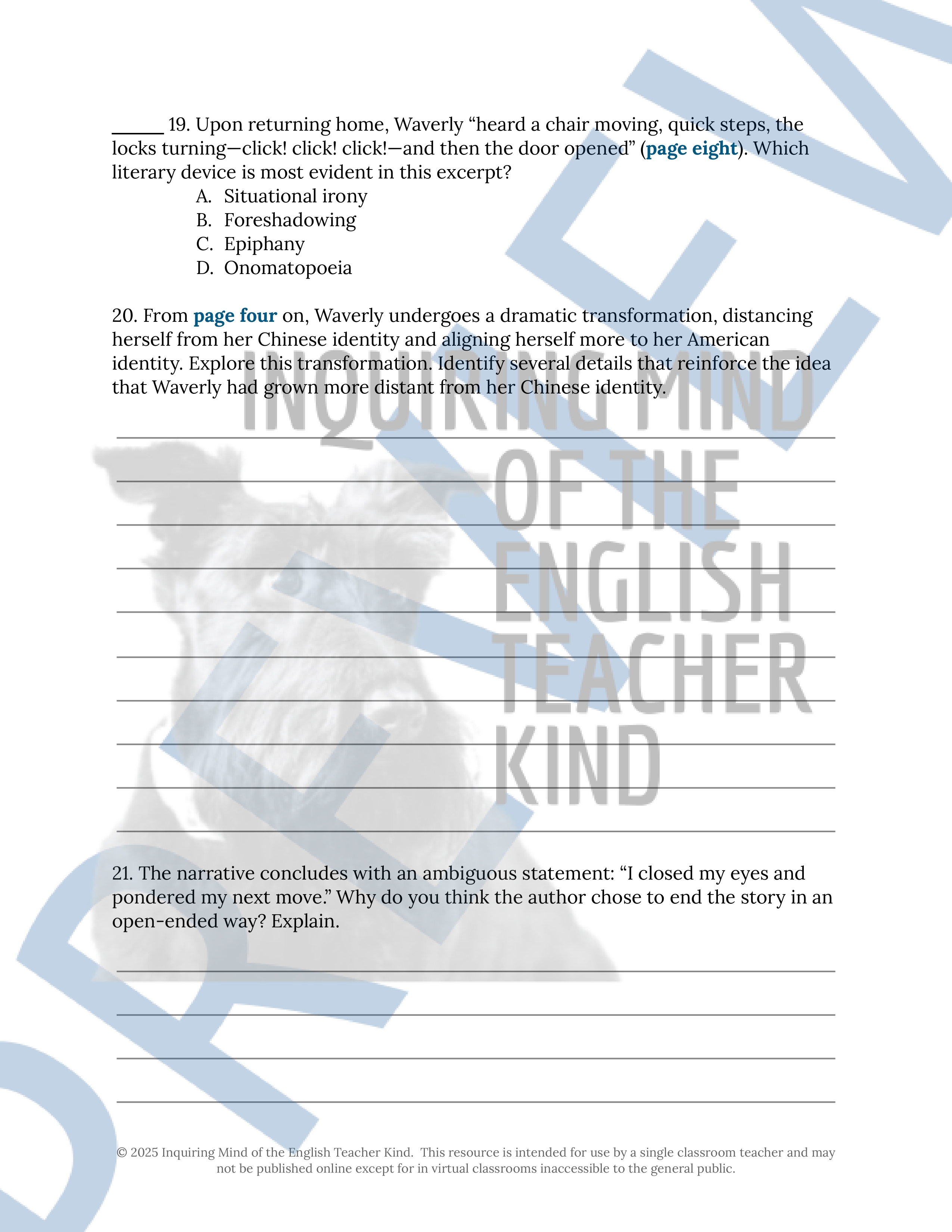 "Rules of the Game" by Amy Tan Close Reading Analysis Worksheet ...