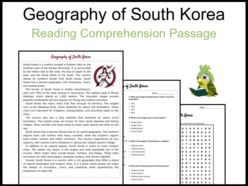 Geography of South Korea Reading Comprehension and Word Search ...