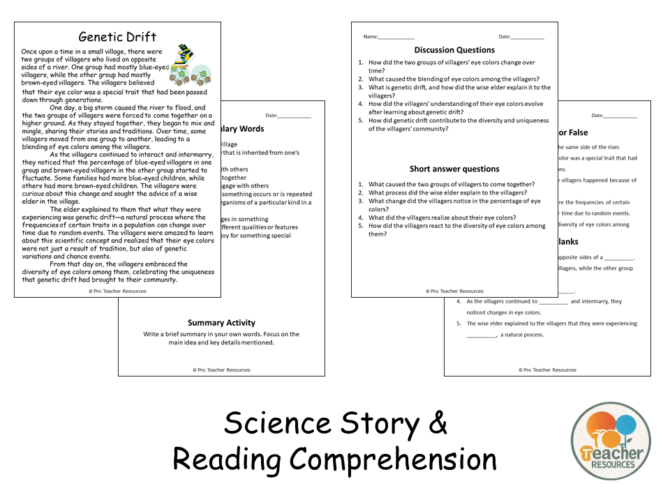 Genetic Drift Reading Science Story Comprehension Questions Worksheet ...