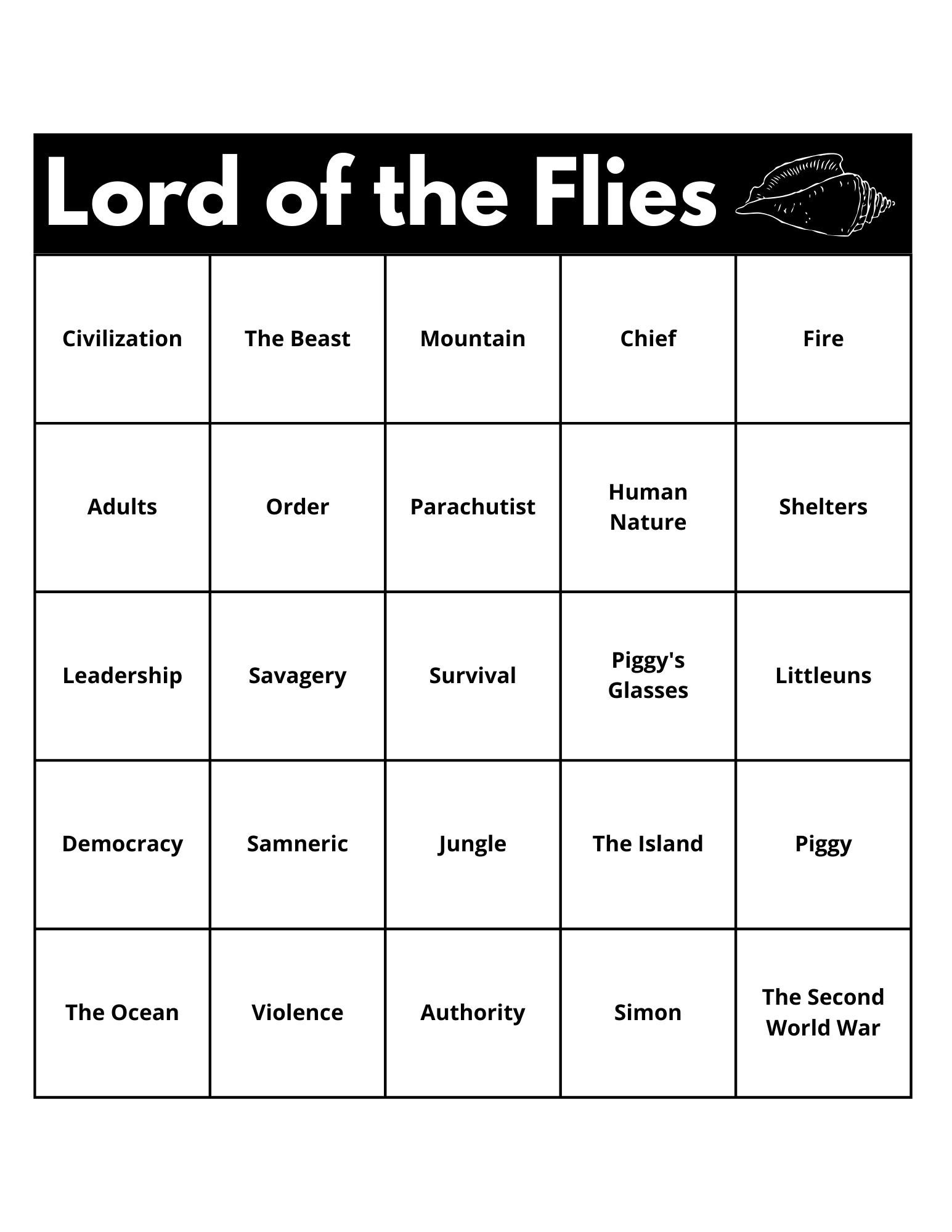 Lord of the Flies by William Golding Bingo Interactive Novel Revision ...