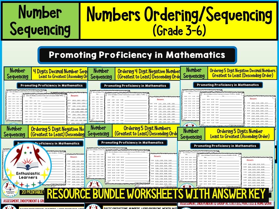 Ordering Numbers / Number Sequencing Worksheets BUNDLE – Grades 3–6 ...