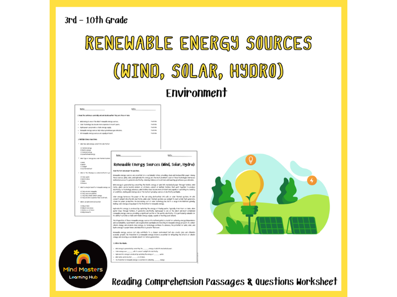 Renewable Energy Sources (Wind, Solar, Hydro) Reading Comprehension ...