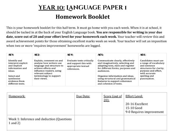 AQA GCSE English Language Paper 1 Homework Booklet | Teaching Resources