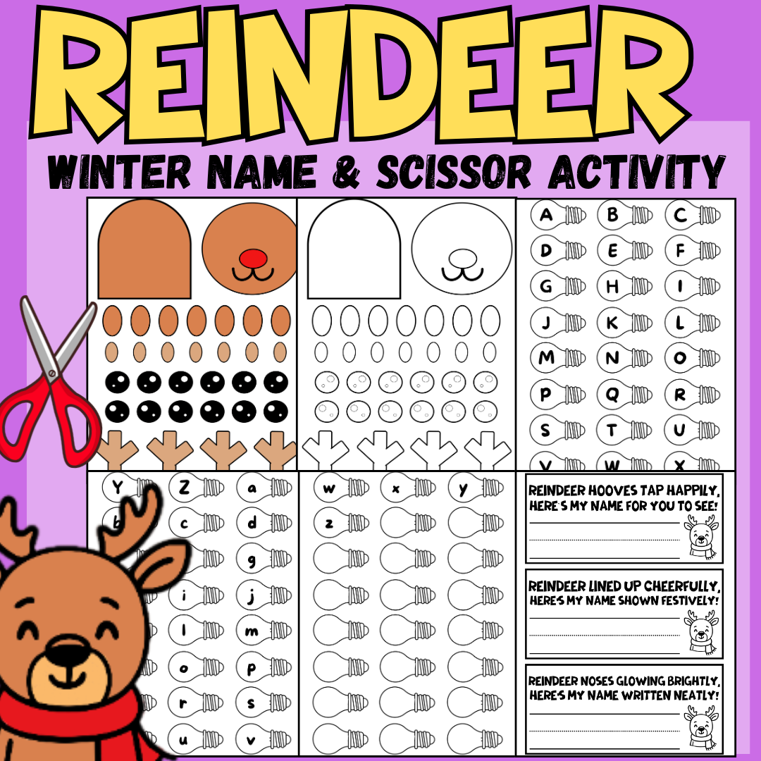 Reindeer Name Craft Light Christmas Literacy & Fine Motor Activity ...
