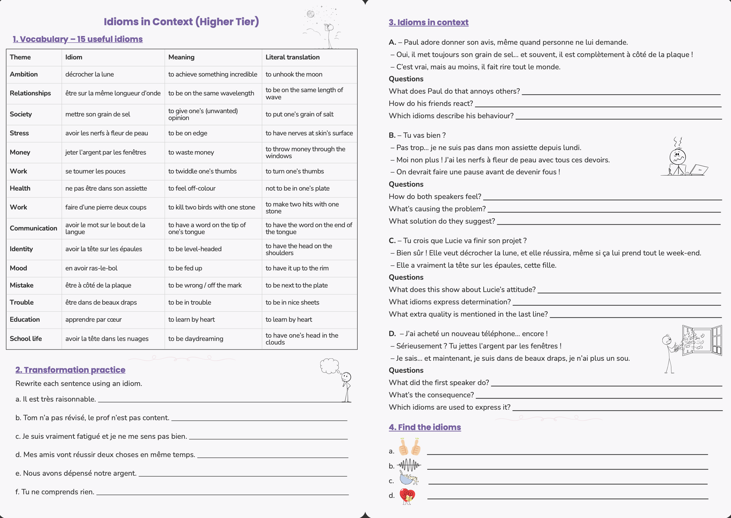 Expressions idiomatiques – Idioms in context – French GCSE (Higher tier ...
