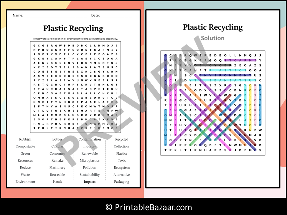 Plastic Recycling Word Search Puzzle Worksheet Activity | Teaching ...
