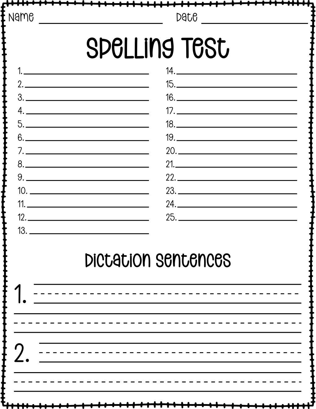 Spelling Test Templates with Dictation Sentence Lines - 10, 15, 20 & 25 ...
