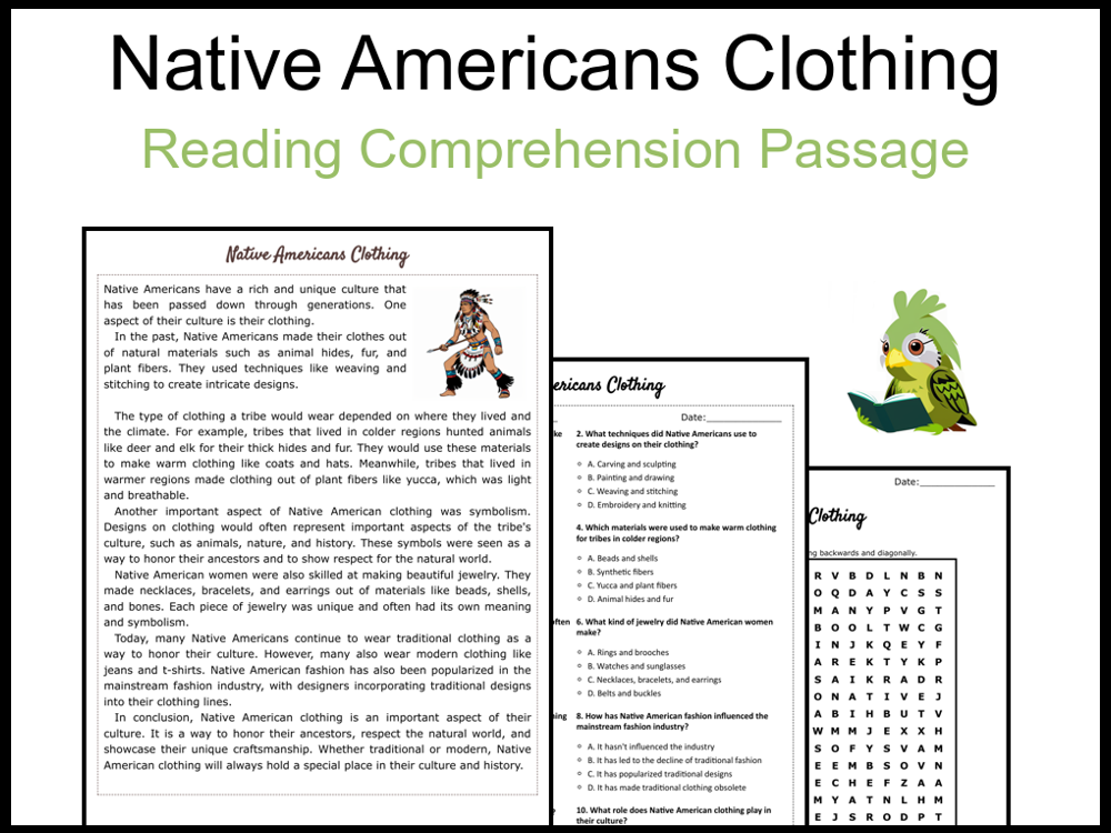 Native Americans Clothing Reading Comprehension and Word Search ...