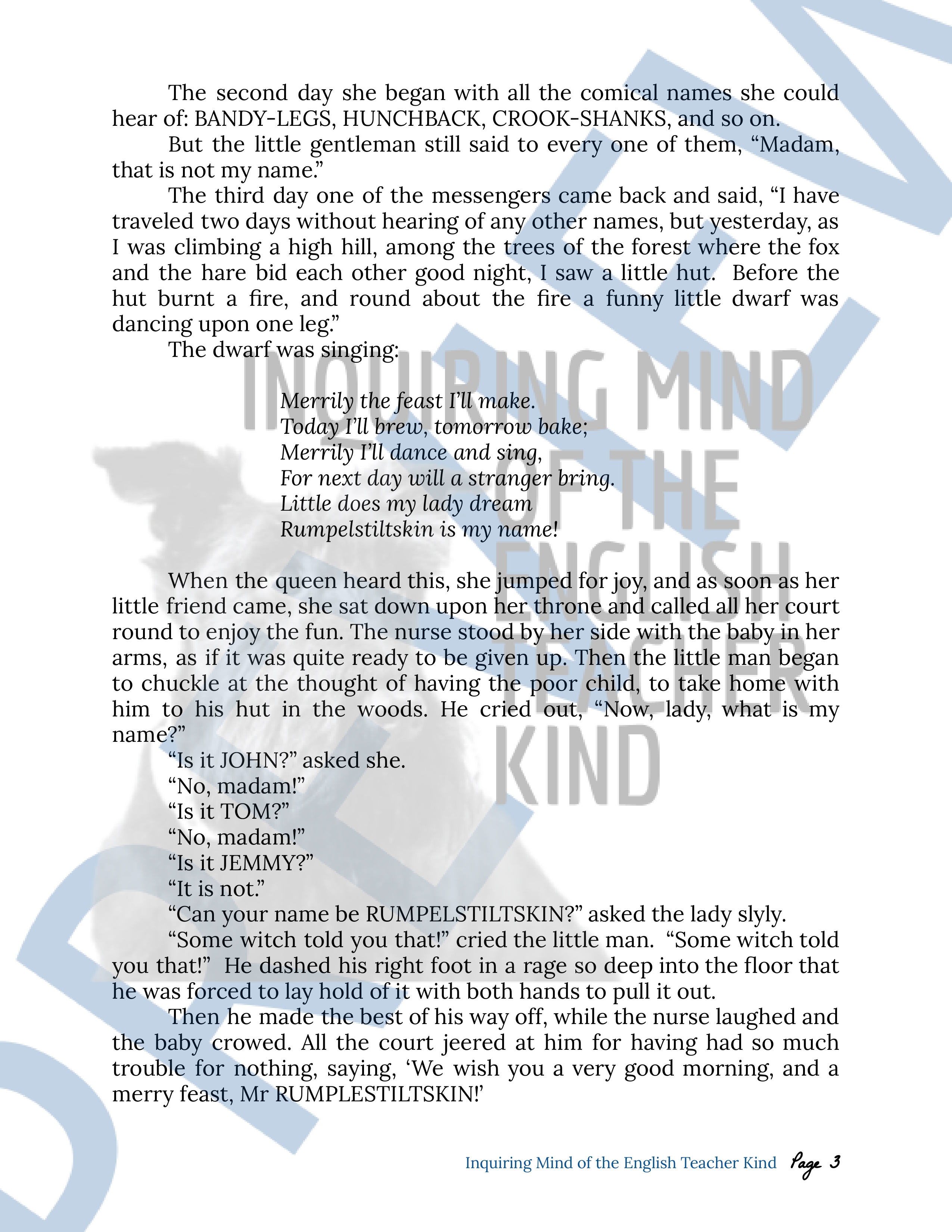 "Rumpelstiltskin" Close Reading Analysis Worksheet (Grimm's Fairy Tale ...