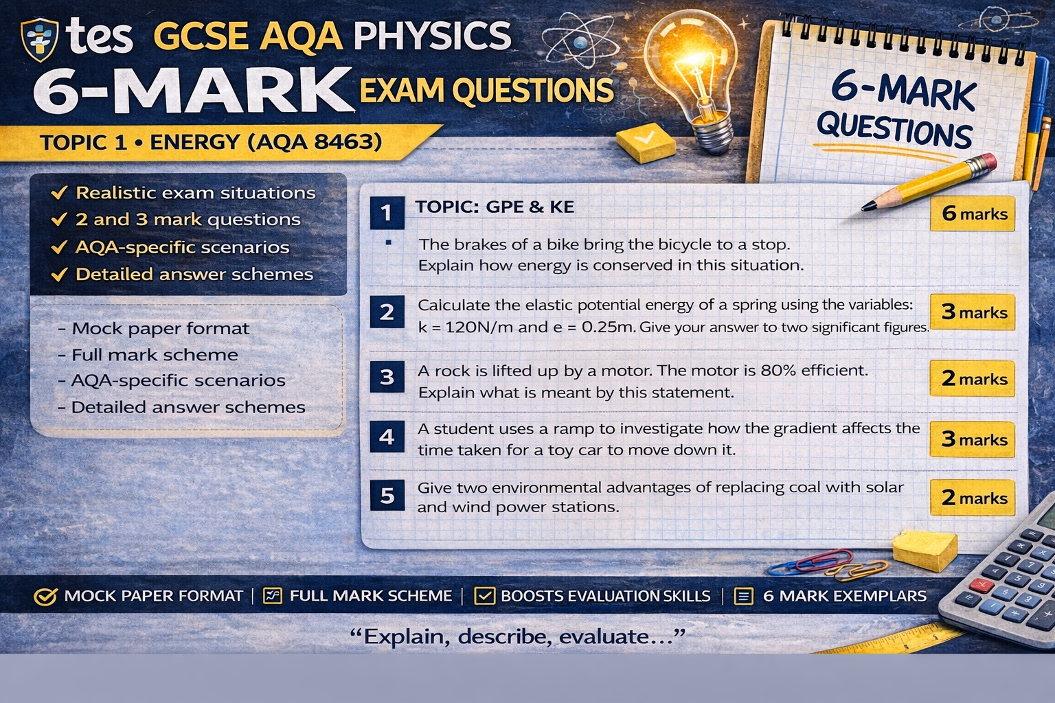 GCSE AQA Physics Energy Topic Pack – Revision, Worksheets, 1–6 Mark ...