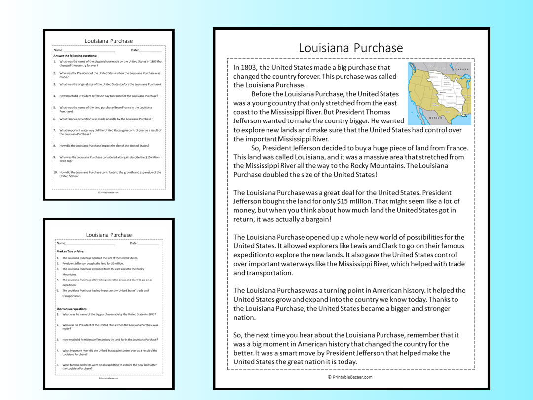 Louisiana Purchase Reading Comprehension Passage Printable Worksheet ...