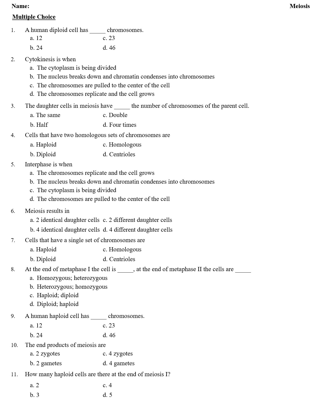 Meiosis Test, Review Questions, and Answer Keys | Teaching Resources