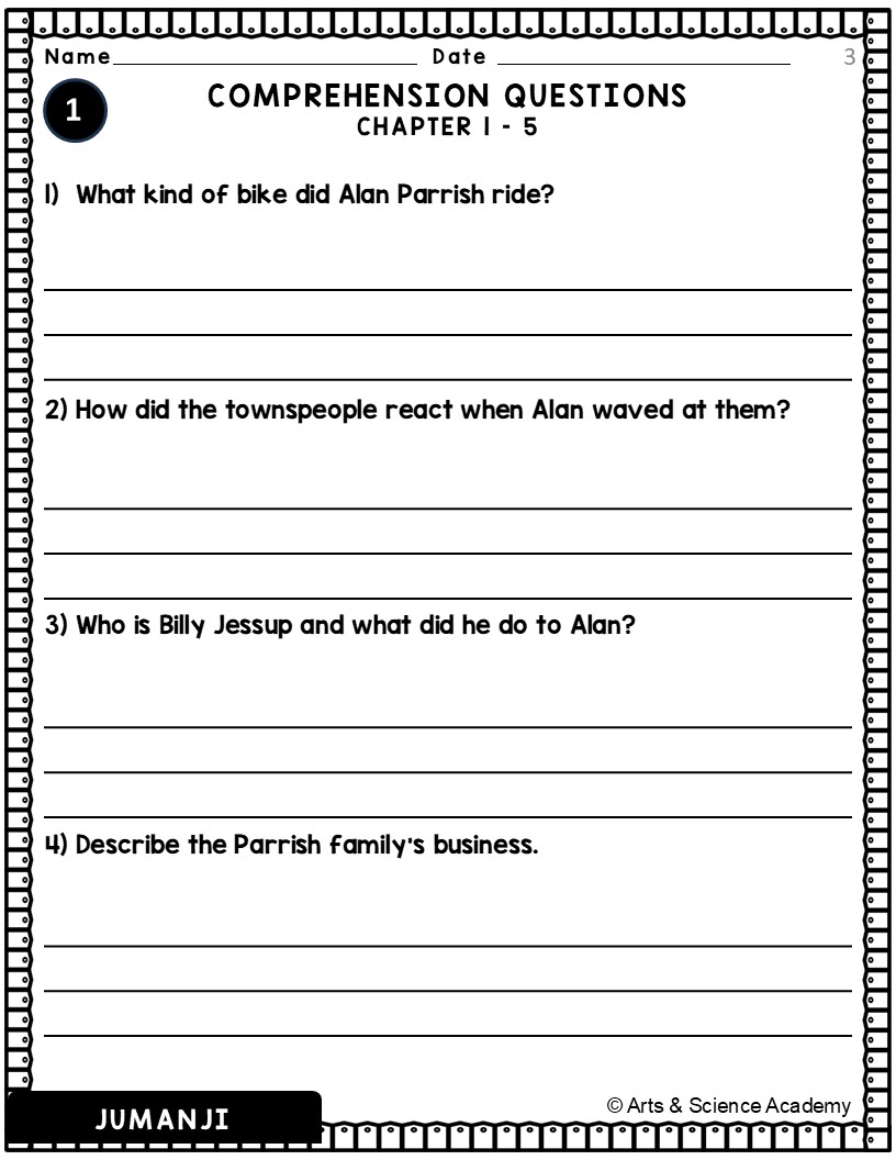 JUMANJI Novel Study Comprehension, Critical Thinking, Vocab, MCQs, True ...