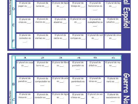 Singular vs Plural Nouns Spanish Battleship Board Game | Teaching Resources