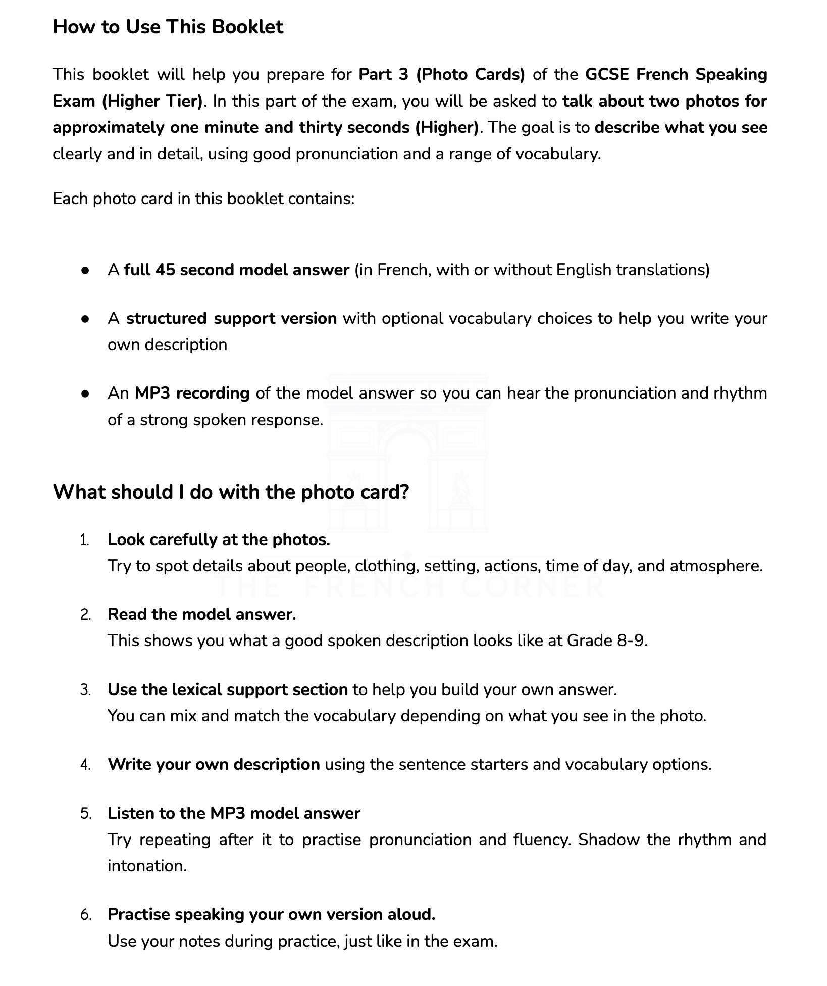 2026 AQA GCSE French Speaking Higher Tier Photo card | Teaching Resources