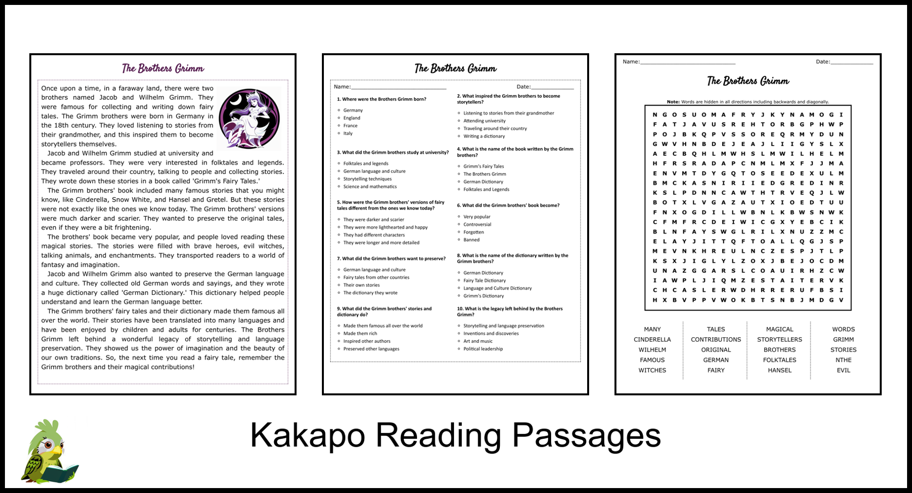 The Brothers Grimm Reading Comprehension and Word Search | Teaching ...