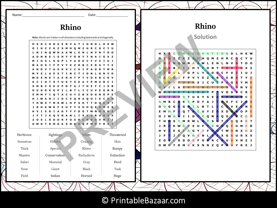 Rhino Word Search Puzzle Worksheet Activity | Teaching Resources