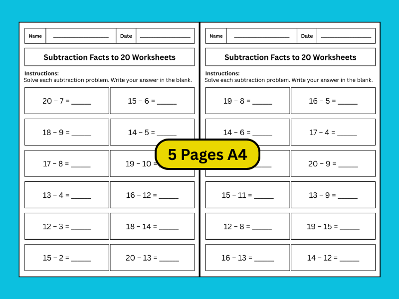 Subtraction Facts up to 20 - Math Practice Worksheets for Early Primary ...