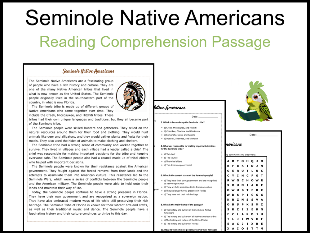 Seminole Native Americans Reading Comprehension and Word Search ...