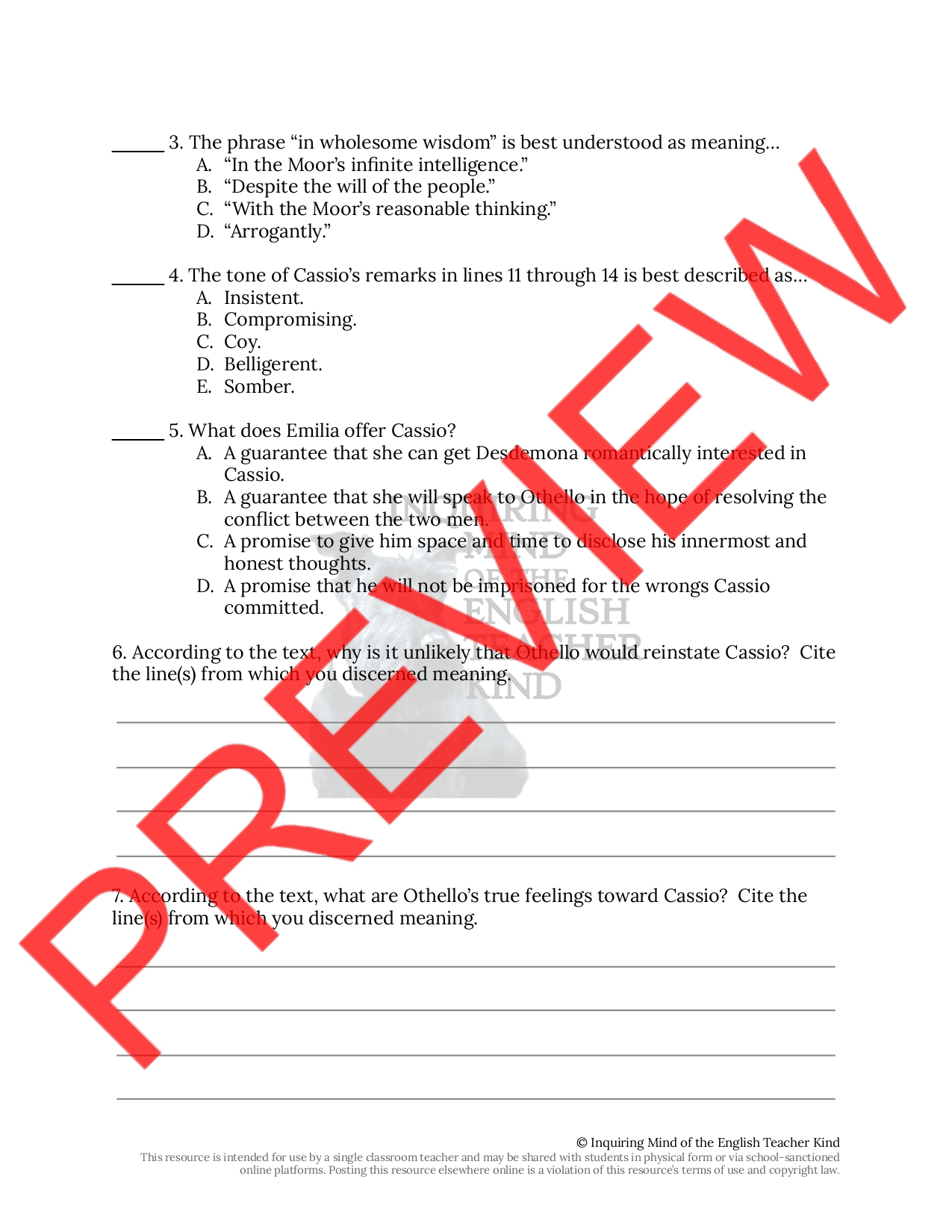 Othello Act 3 Scene 1 Close Reading Worksheet | Teaching Resources