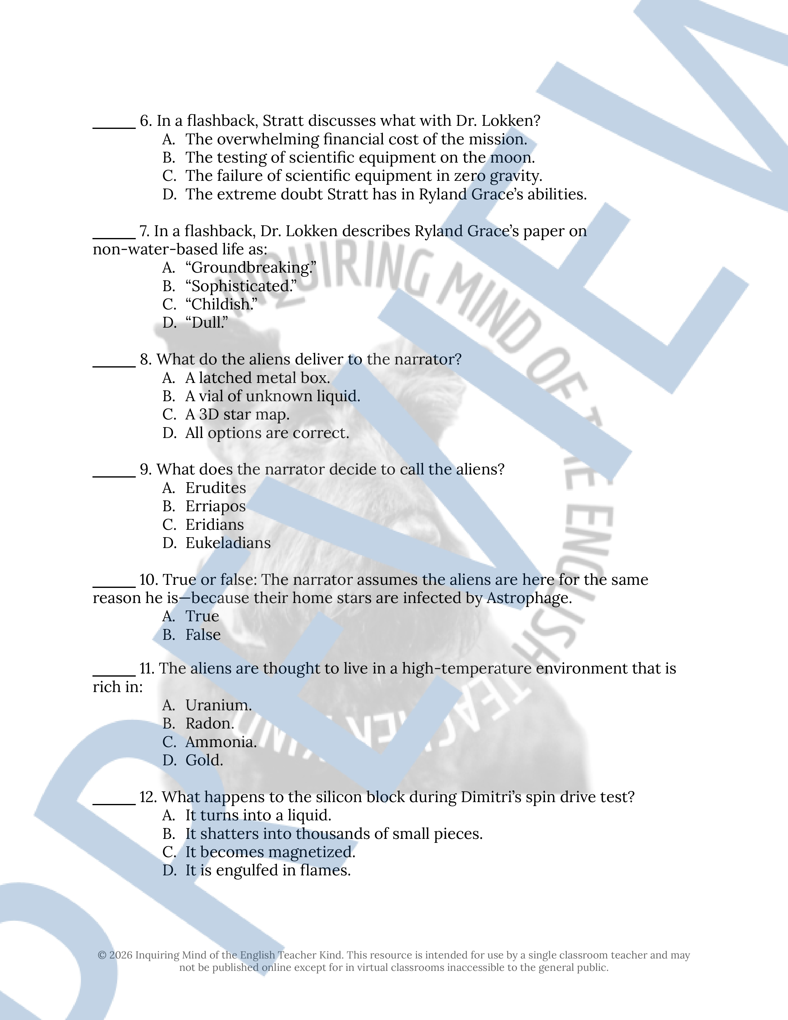 Project Hail Mary Chapters 7, 8, and 9 Quiz and Answer Key | Science ...