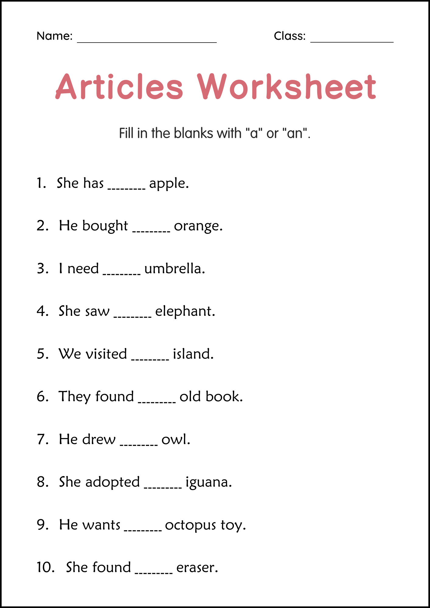 Printable Articles (a, an, the) English Grammar Worksheets for Grade 1 ...