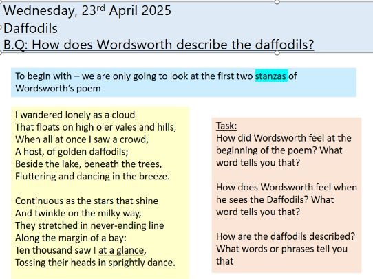 Daffodils - William Wordsworth (KS3 - Year 7 mixed ability) | Teaching ...