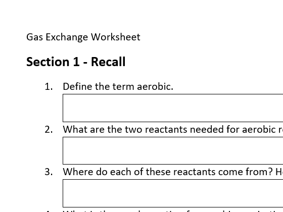 Gas Exchange and Respiration Worksheet | Teaching Resources