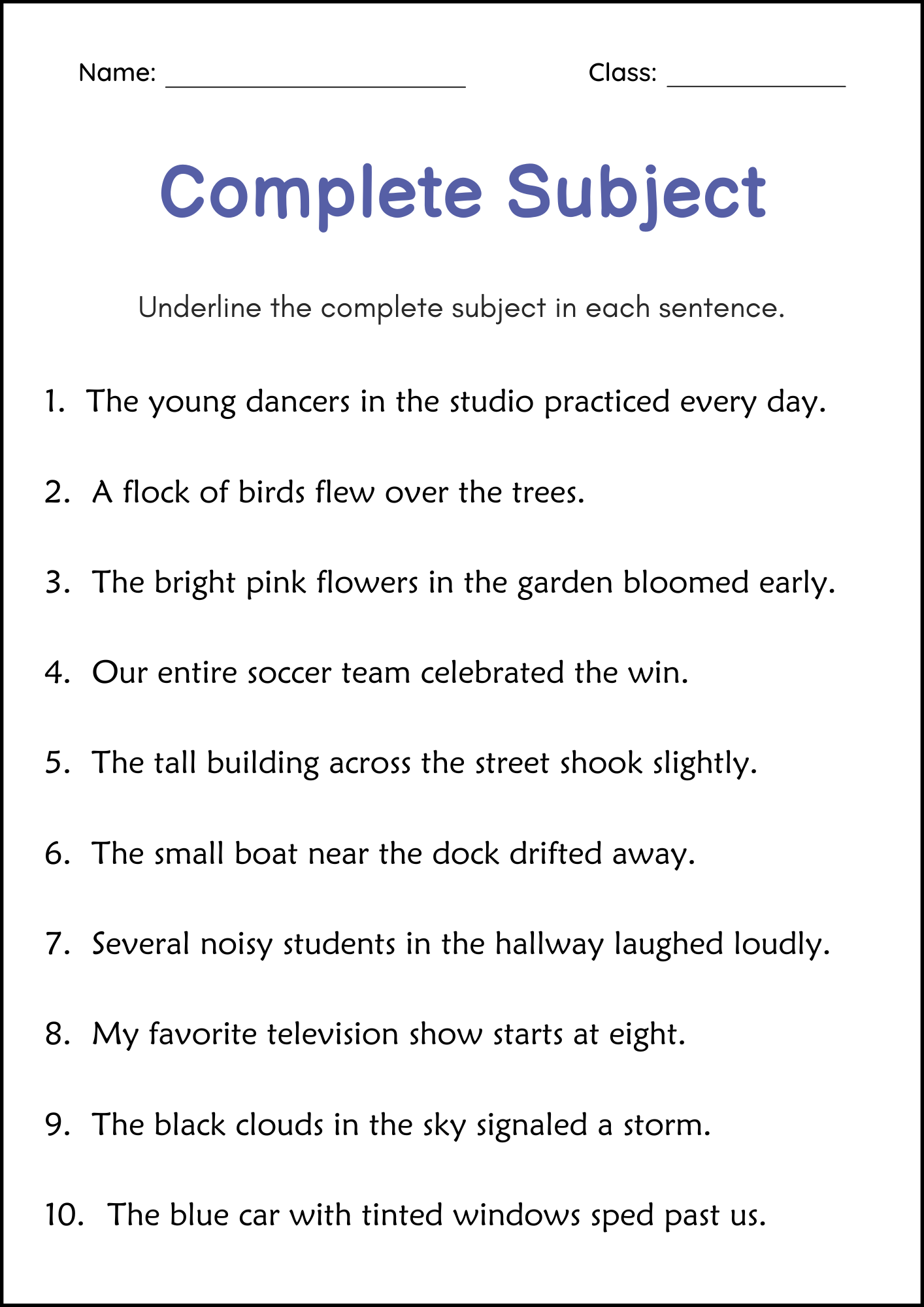 Simple & Complete Subjects and Predicates Grammar Worksheets for Grade ...