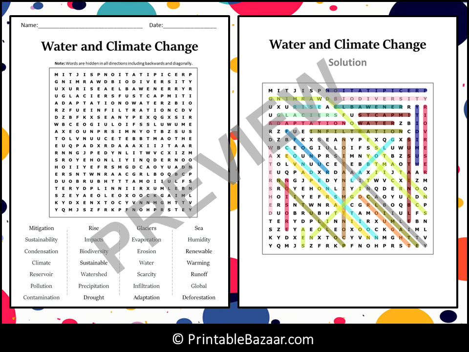 Water and Climate Change Word Search Puzzle Worksheet Activity ...