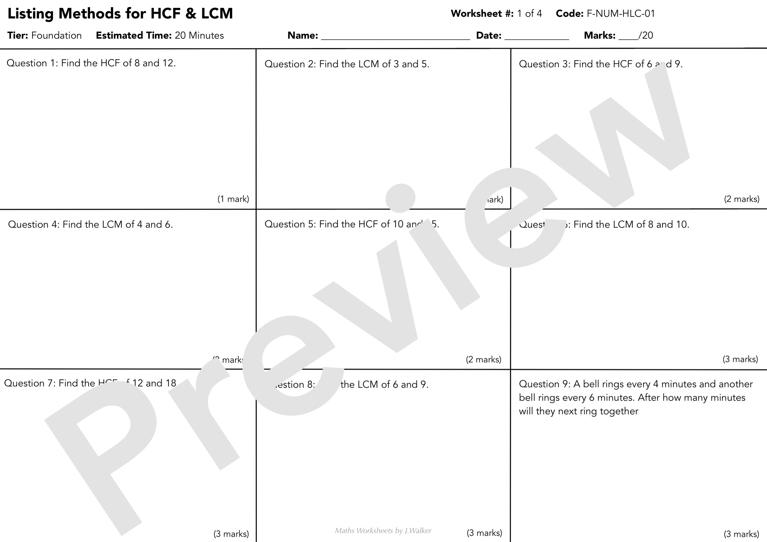 GCSE Maths Worksheet: Listing Methods For HCF & LCM - Foundation Tier ...