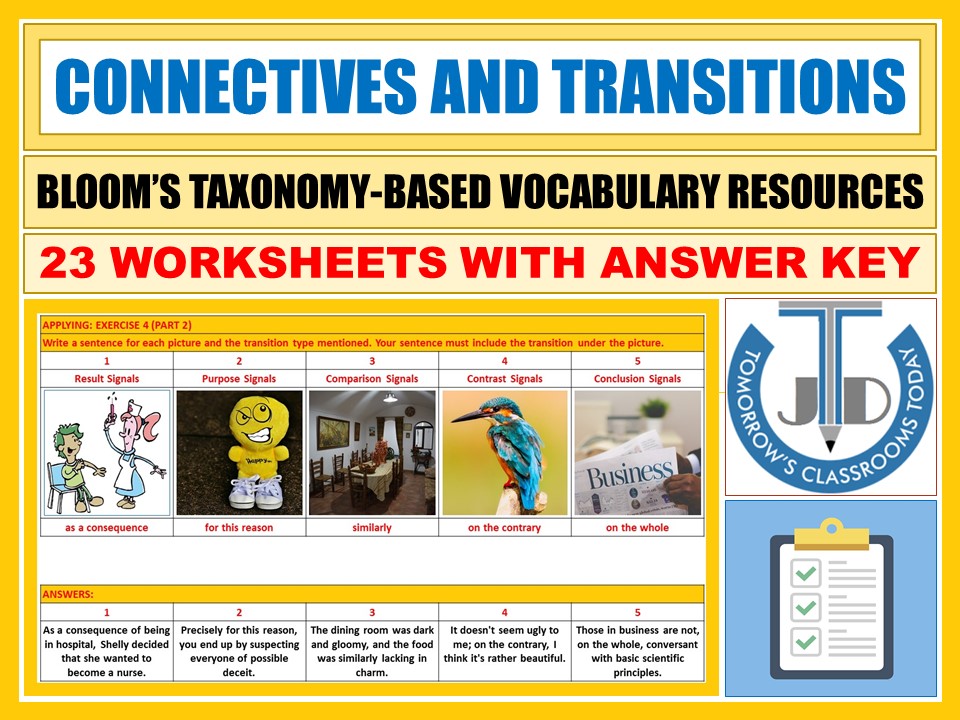 CONNECTIVES AND TRANSITIONS 23 WORKSHEETS WITH ANSWERS Teaching CONNECTIVES AND TRANSITIONS 23 WORKSHEETS WITH ANSWERS Teaching