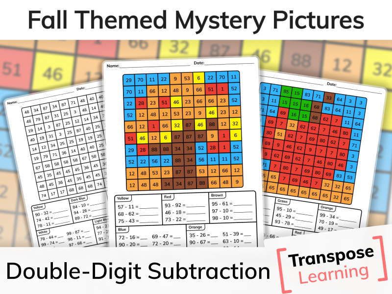Fall Themed Double Digit Subtraction Mystery Pictures | Math Review ...