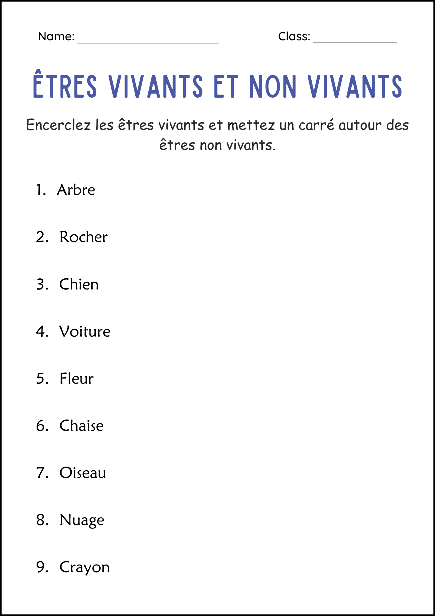 Living and Non Living Things Worksheets in French - Êtres Vivants et ...