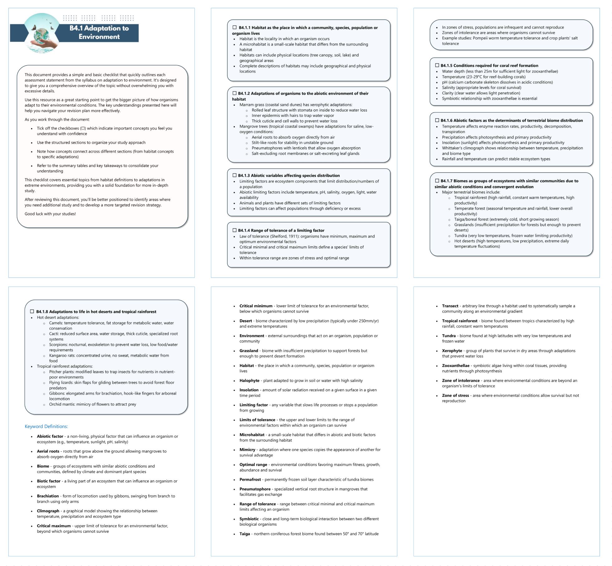 IB DP Biology B4.1 Adaptation to Environment Condensed Topic Notes 2026 ...