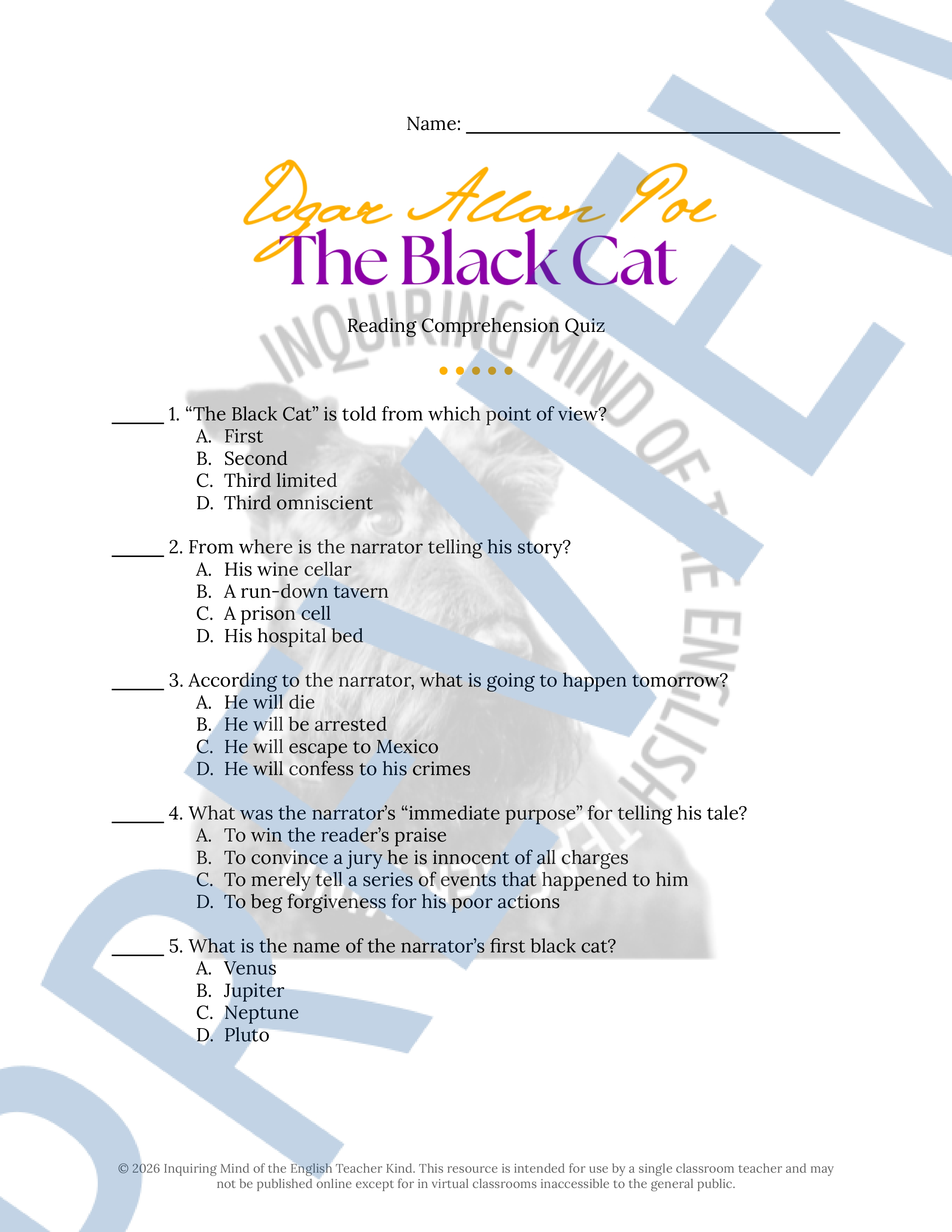 “The Black Cat” by Edgar Allan Poe Quiz and Answer Key | Teaching Resources