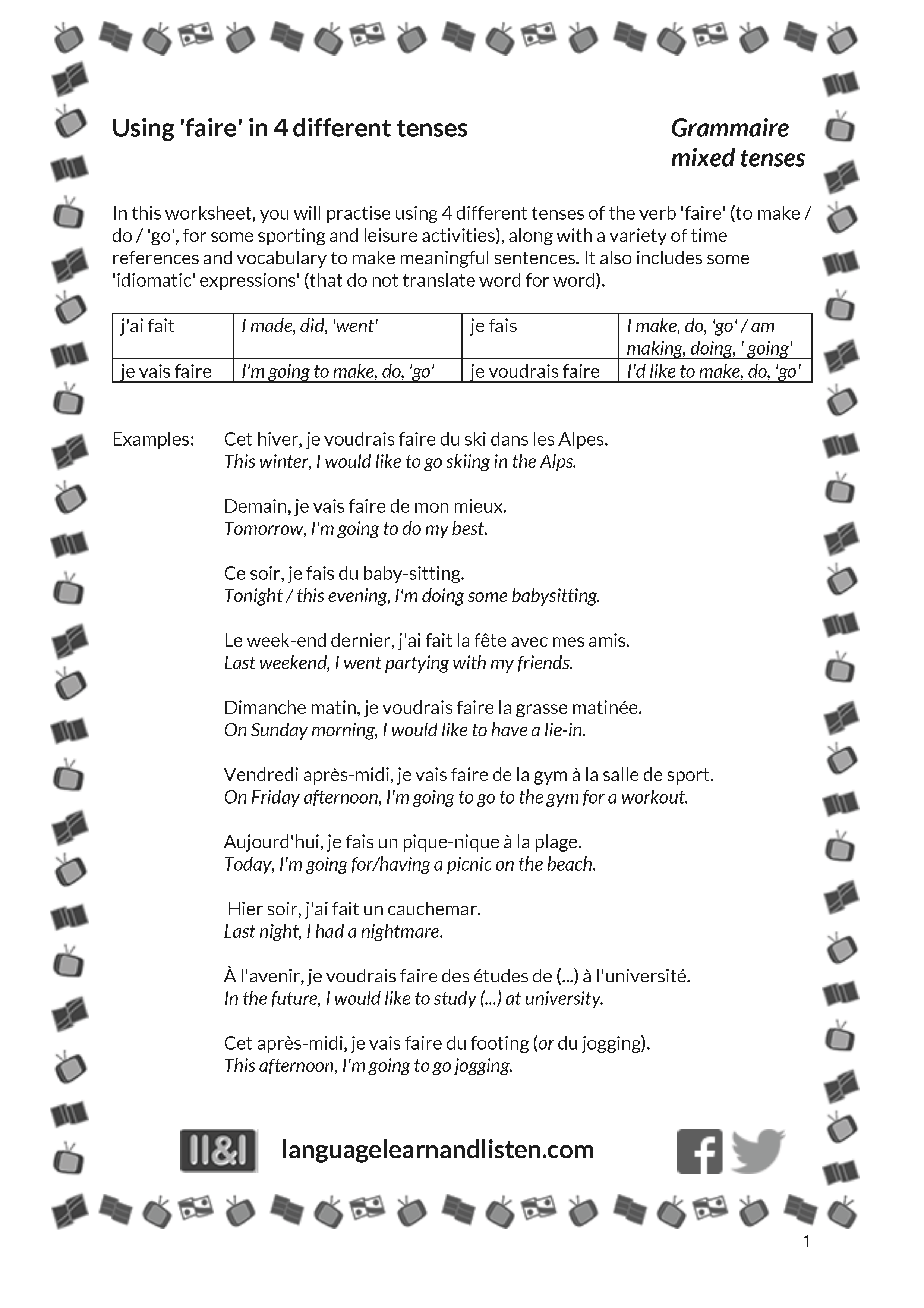 French - using 'faire' (to do/make/ 'go' etc.) in 4 different tenses ...