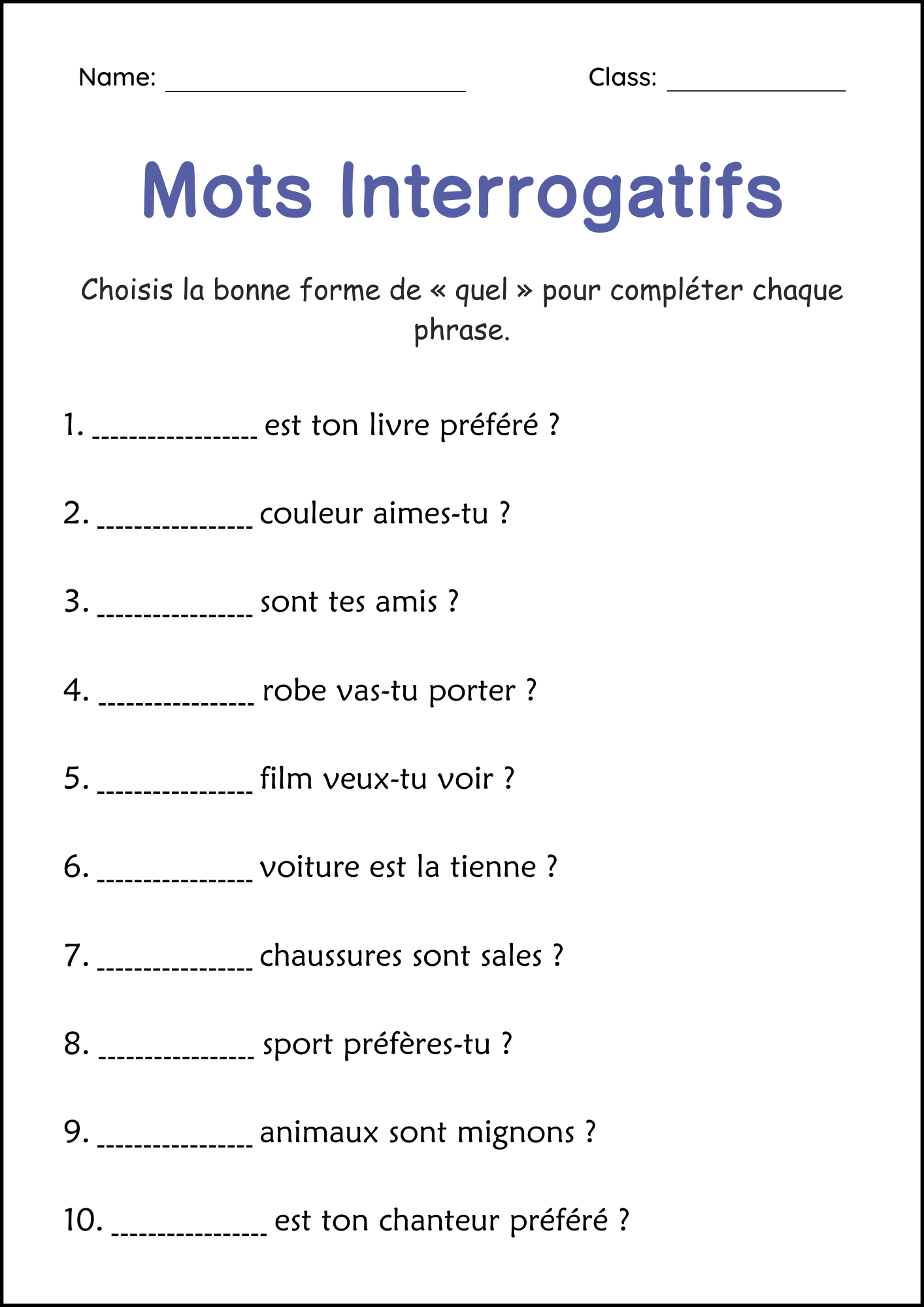 Mots Interrogatifs - Question Words Worksheets in French for Grade 1, 2 ...