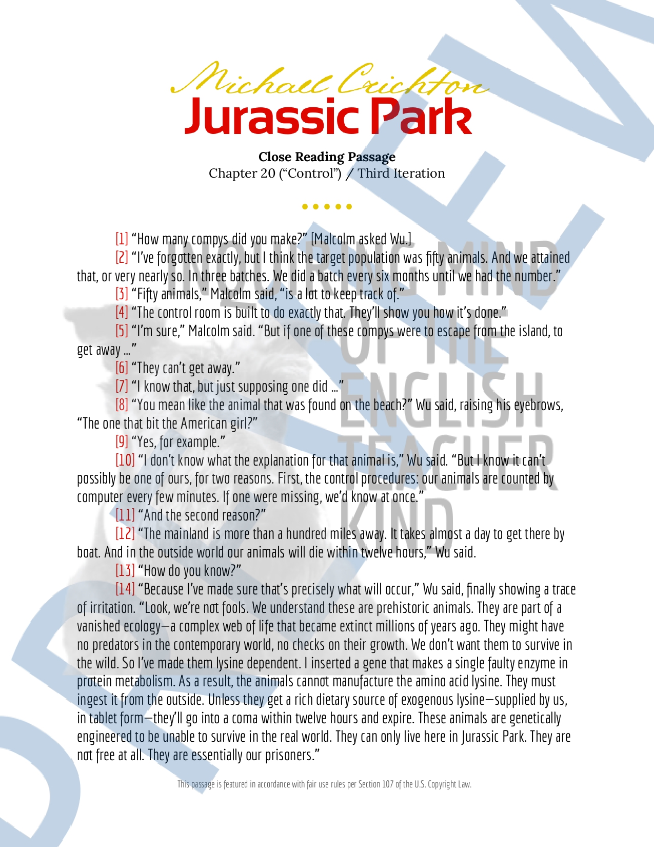 Jurassic Park by Michael Crichton Chapter 20 Close Reading Analysis ...