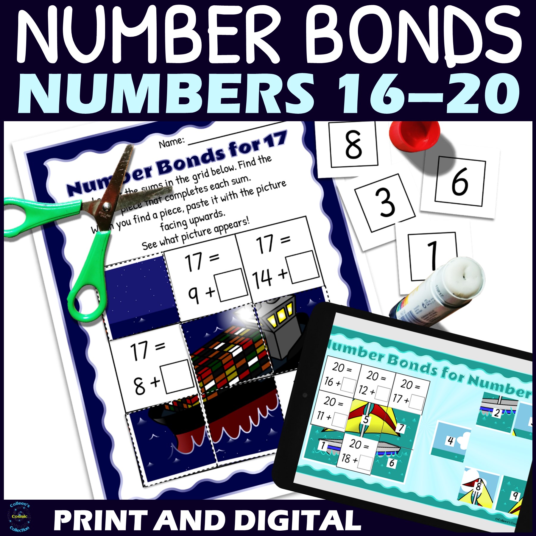 Number Bonds Self-Checking Cut and Paste Grid Puzzles for numbers 16-20 ...