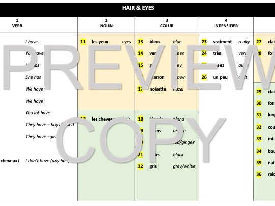 Sentence Builder FRENCH - HAIR & EYES (Beginner) | Teaching Resources