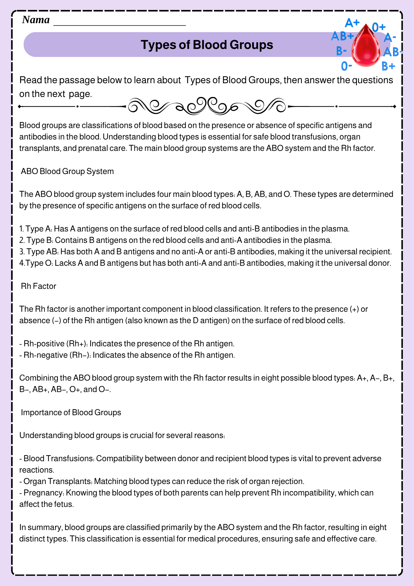 Types of Blood Groups: Reading Comprehension Worksheet | Teaching Resources