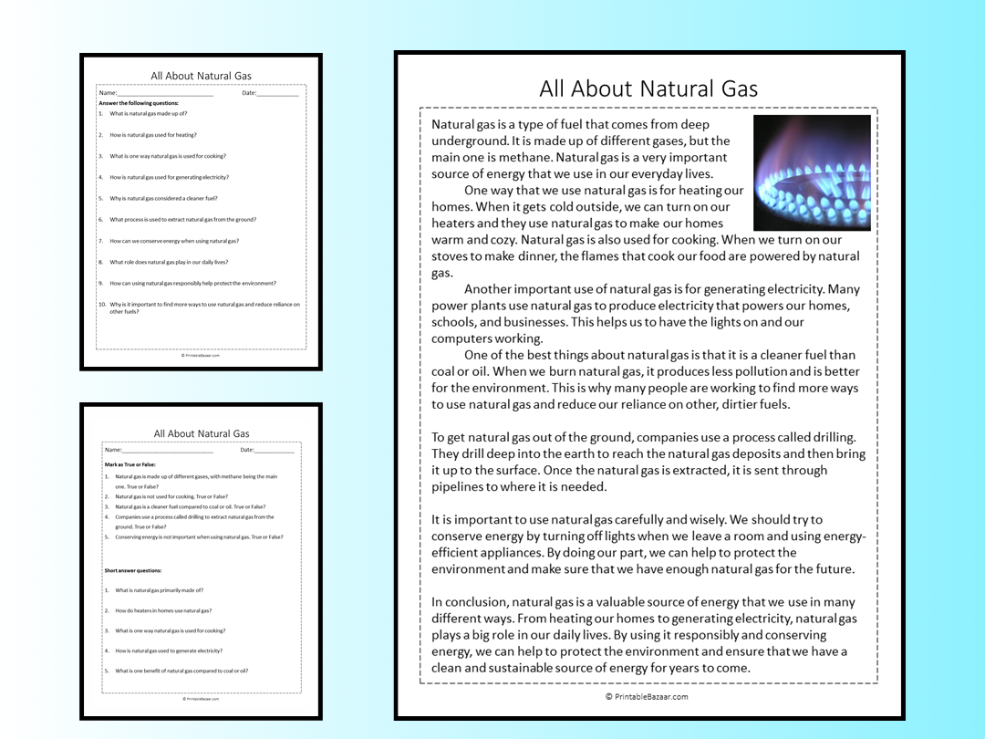 All About Natural Gas Reading Comprehension Passage Printable Worksheet ...