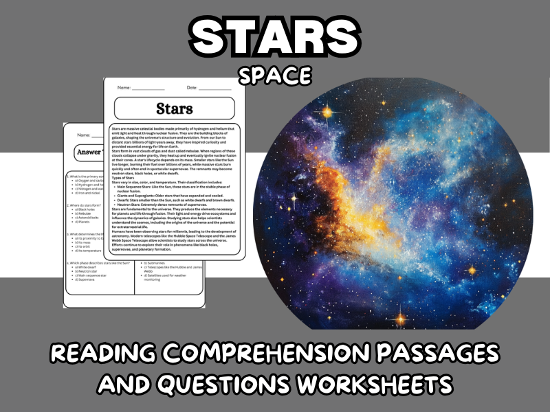 Stars - Space Reading Comprehension Passages and Questions Worksheets ...