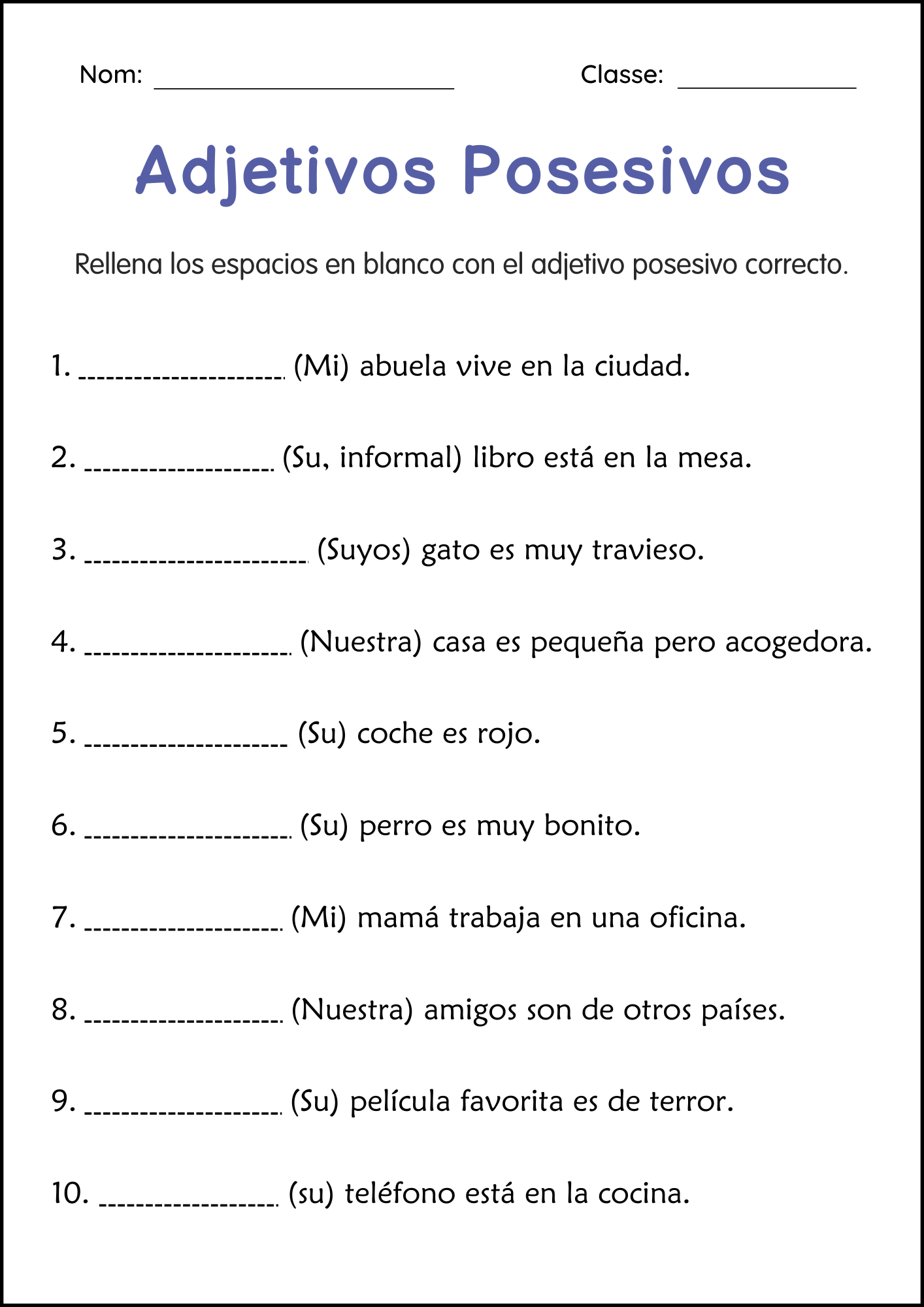 Hoja de Ejercicios de Adjetivos Posesivos - Possessive Adjectives in ...