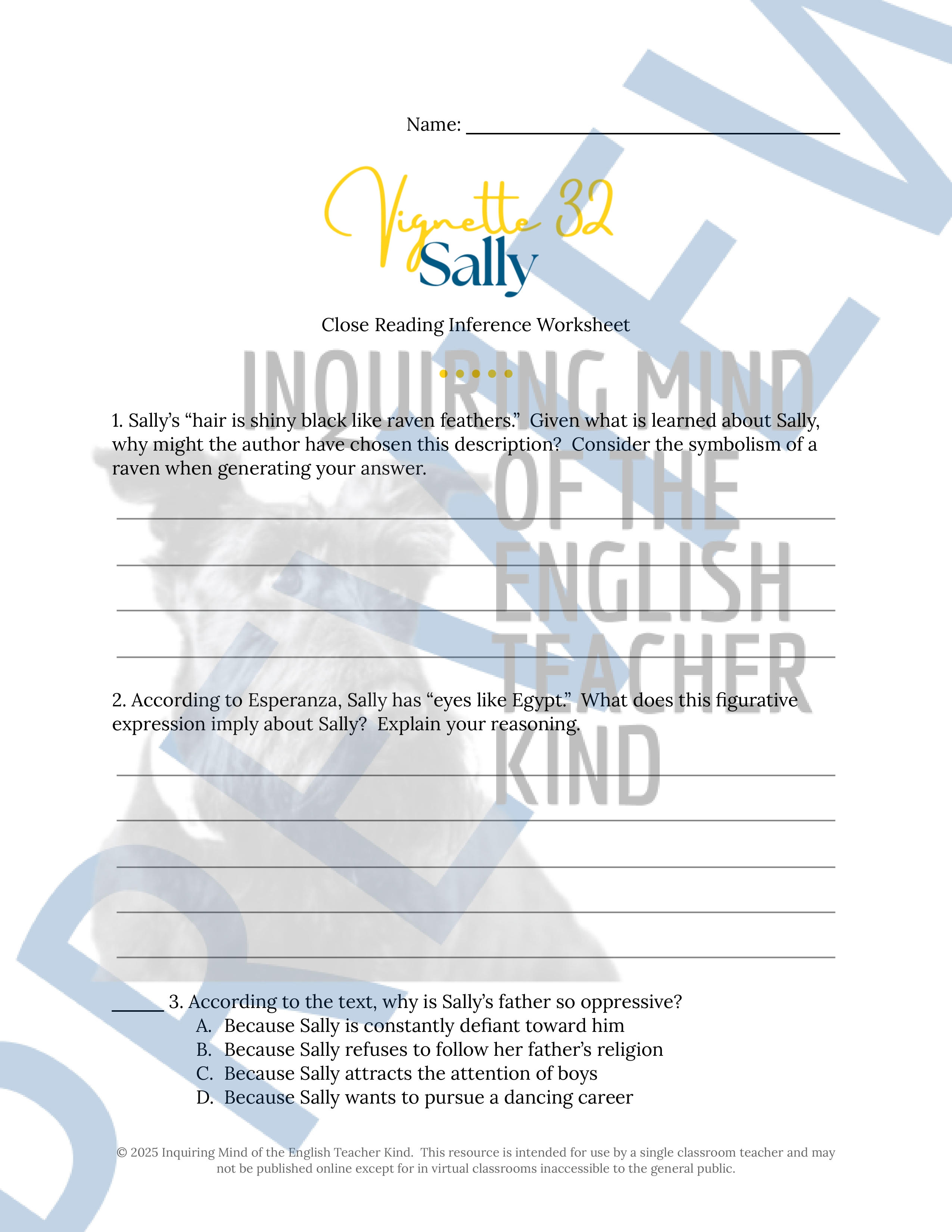 The House on Mango Street "Sally" Close Reading Inference Worksheet ...