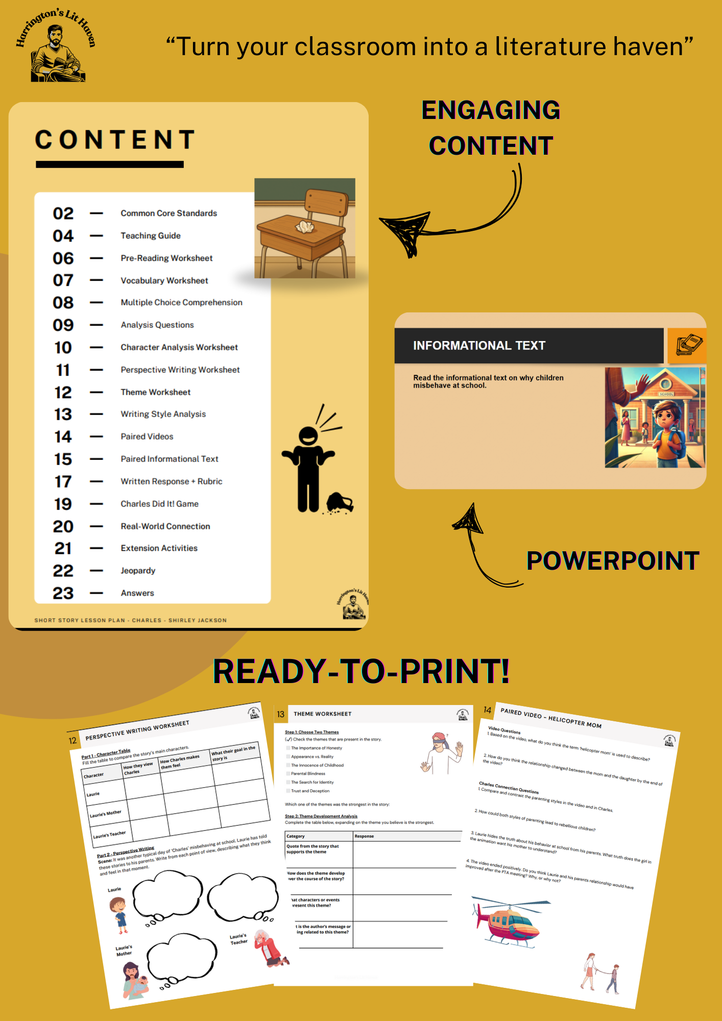 Charles by Shirley Jackson - 7 Day! Lesson Plan - Worksheets, Games ...