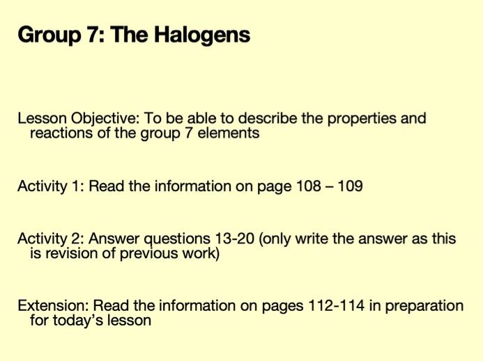Group 7 Halogens - GCSE Chemistry Lesson PowerPoint (EDEXCEL ...
